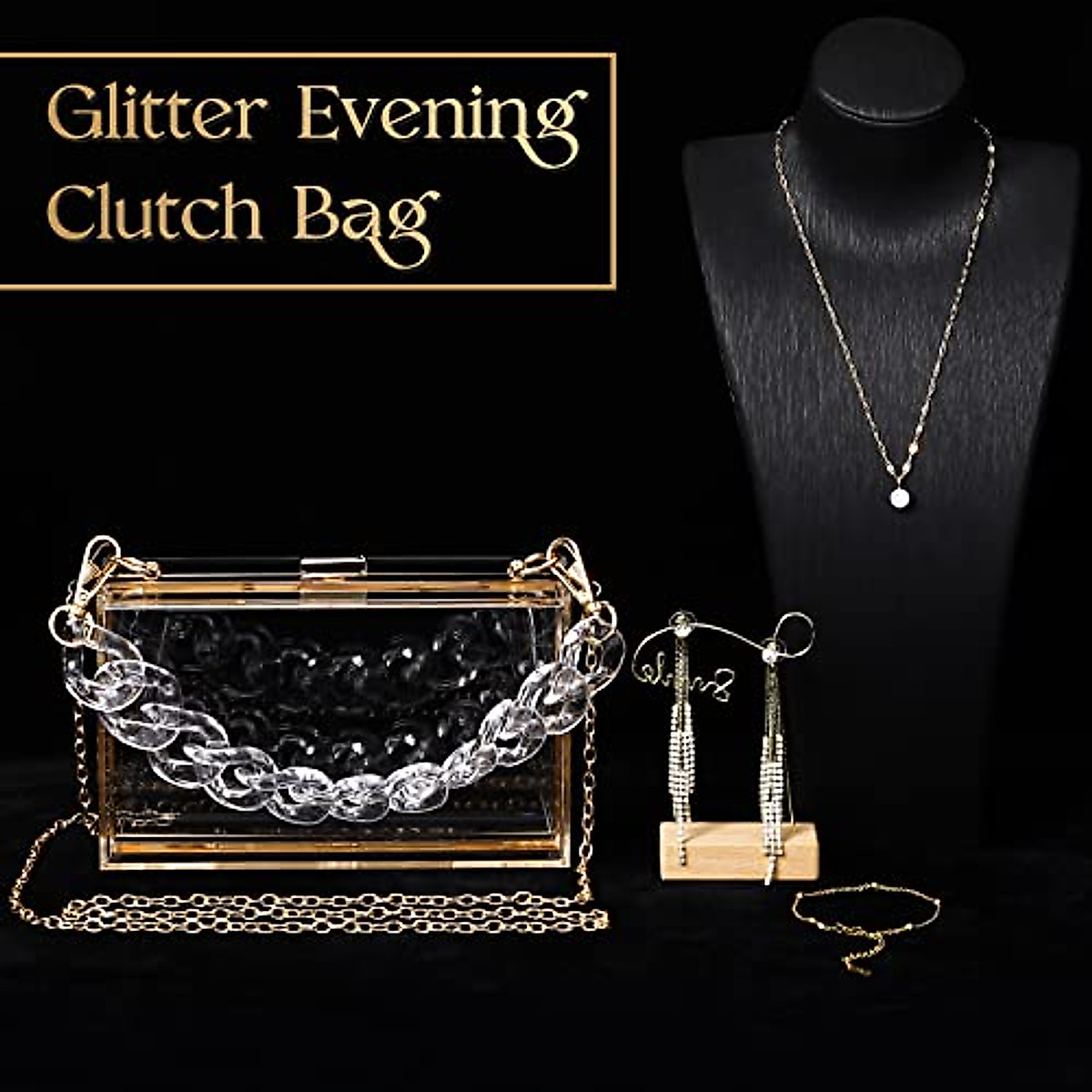 Jadive 4 Pcs Women Acrylic Purse Clear Clutch Bag Evening Purses Clutch for Wedding Vintage Banquet Handbag Earrings Necklace Bracelet Jewelry Set