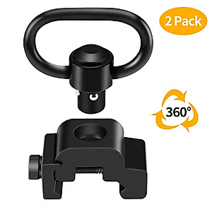 LONSEL 360° Rotation Picatinny Sling Swivel Mounts, 2 Point and Traditional Sling Picatinny Rail Mount with 1.25" Push Button QD Sling Swivels - Black (2 Pack)