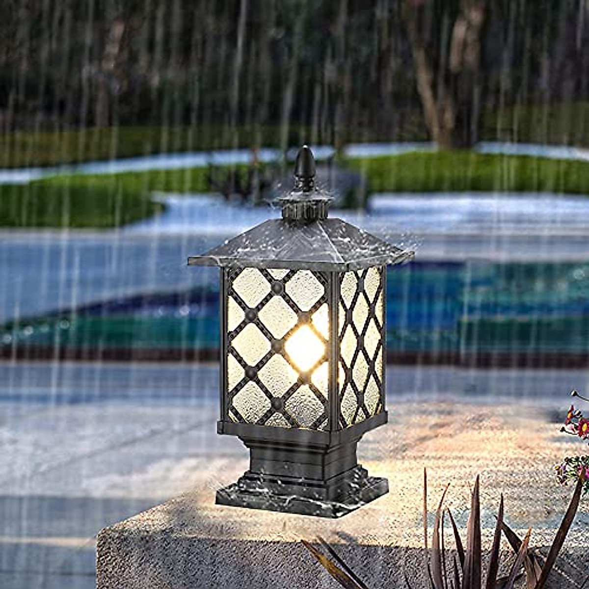 Post Lights Outdoor Waterproof Castlight Casting Aluminum Glass Post Cap Lights Modern Simple Villa Wall Gate Pillar Lamp LED Night Safety (Bronze B) (Dark A)