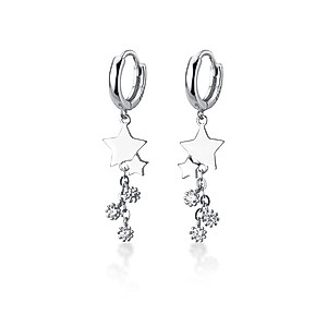 SLUYNZ 925 Sterling Silver Star Dangle Hoop Earrings for Women Star Hoop Earrings Droplet Dangle (A-Silver)