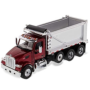 Diecast Masters Peterbilt Model 567 Dump Truck - Metallic Red | Tandem with Pusher Axle - PACCAR Engine, Ox Bodies Stampede Dump Cab | 1:50 Scale Model Semi Trucks | Diecast Model 71077