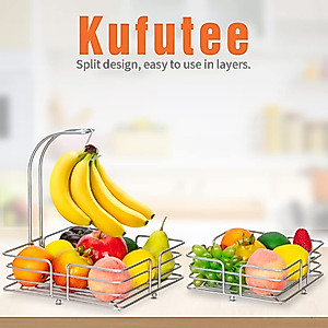 Kufutee 2 Tier Countertop Fruit Basket,Vegetables Bowl Storage With Banana Hanger,Sliver