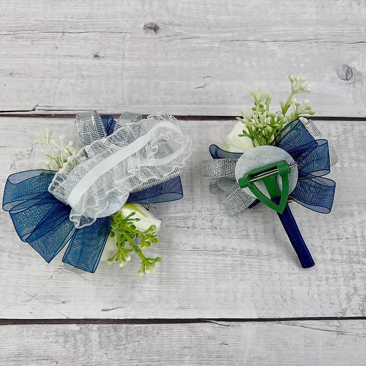 Ansuma Ivory Rose Flower Wrist Corsage Boutonniere Set Bridesmaid Wrist Corsage Bracelet & Groom and Best Man Boutonniere for Wedding Flowers Accessories Prom Suit Decorations (Navy Blue)