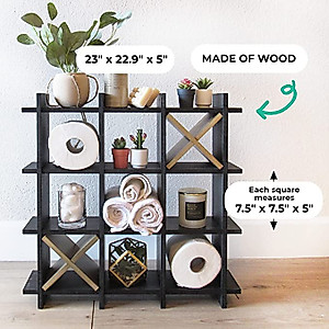 Large Black Tic Tac Toe Toilet Paper Holder Stand | Design Freestanding Bathroom Tissue Roll Storage Organizer | Wooden Bathroom Organizer | Over The Toilet Bathroom Storage Cabinet Wall Mounted