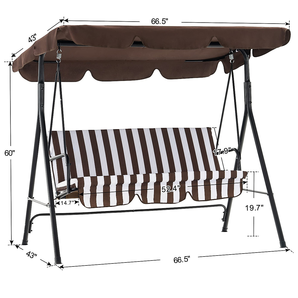 MCombo 2-3 Person Patio Swings with Canopy, Outdoor Porch Swing Chair with Steel Stand, Removable Cushions, for Backyard Garden Balcony 4008 (Brown with White Stripes)