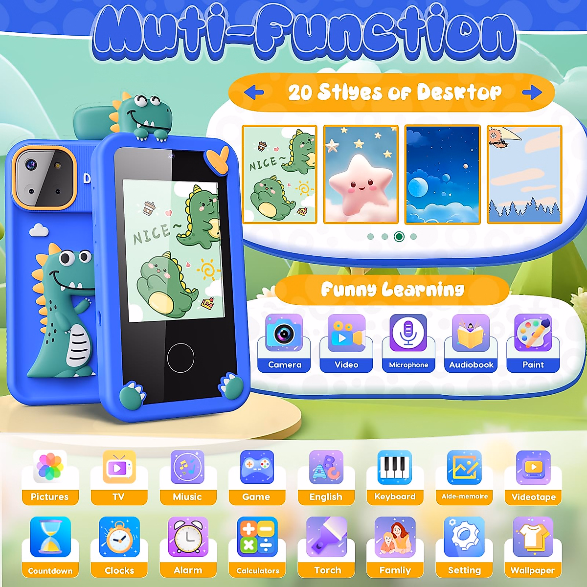 Luyiilo Kids Smart Phone Toys for Boys,Dinosaurs Gift Toys for Boys Ages 3-9 Christmas Birthday Gifts Mini Smart Phone Toys With 2.8" Touchscreen 16 Learning Games Dual Camera Music Player, 8G SD Card