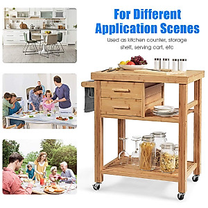 Giantex Kitchen Island, Bamboo Island Cart, Kitchen Trolley Cart on Wheels, Rolling Kitchen Cart, 2 Drawers, Towel Rack, Casters with Lock (Natural)