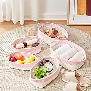 OIAHOMY Cotton Rope Storage Basket, Set of 5 Woven Baskets for Organizing with Handles, Decorative Basket for Baby Nursery, Dog Cat Toy Baskets - Pink & White