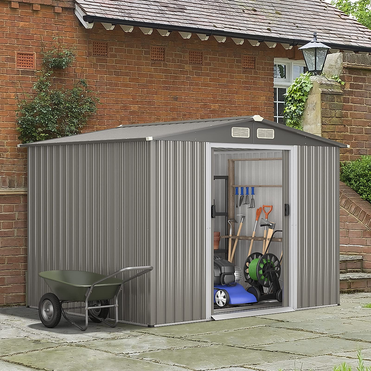 Goplus Outdoor Storage Shed, 8.5’ x 6.8’ x 6’ Weather-Resistant Utility Tool Organizer w/Foundation, 4 Louvers, Double Doors & Ramp, Galvanized Steel Tool Shed for Garden, Lawn, Yard