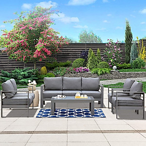 Wisteria Lane Aluminum Outdoor Patio Furniture Set, Modern Patio Conversation Sets, Outdoor Sectional Metal Sofa with 5 Inch Cushion and Coffee Table for Balcony, Garden, Dark Grey