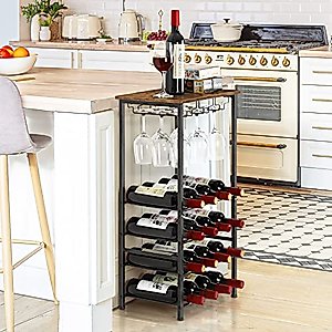 Wine Rack Freestanding Floor, Rustic Wine Holder Stand with Wine Storage and Bottle Shelf, 16 Bottles Floor Wine Rack Shelf for Kitchen Dining Room, Office, Bar, Rustic Brown