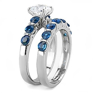Nationalonlinediscounts Women's Stainless Steel Round Clear Cz & Blue Sapphire cz Band Wedding Engagement 2 Ring Set (7) (7)