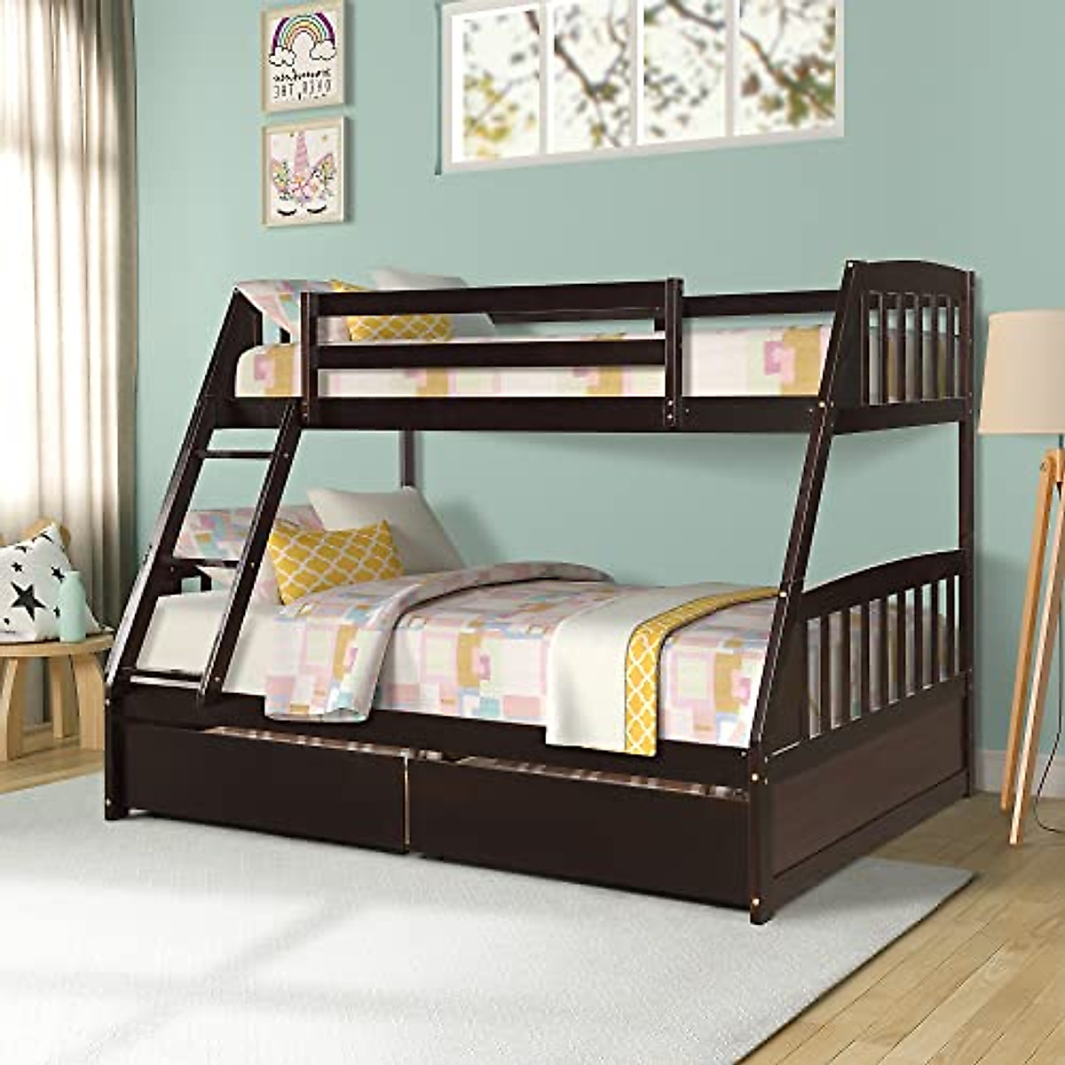 FIQHOME Twin Over Full Bunk Bed with Two Storage Drawers, Solid Wood Bunk Bed for Kids,Teens, Adults,Convertible to 2 Separated Beds, Espresso