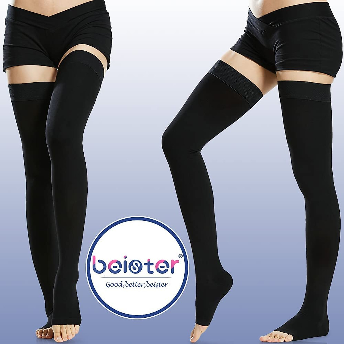 Beister 1 Pair Medical Open Toe Thigh High Compression Stockings with Silicone Band for Women & Men, Firm 20-30 mmHg Graduated Support for Varicose Veins, Edema, Flight.