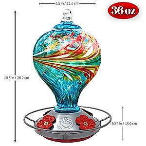 Hummingbird Feeder by Grateful Gnome - Large Hand Blown Stained Glass Feeder for Garden, Patio, Outdoors, Window with Accessories S-Hook, Ant Moat, Brush - 36fl oz, Large Blue Egg Design