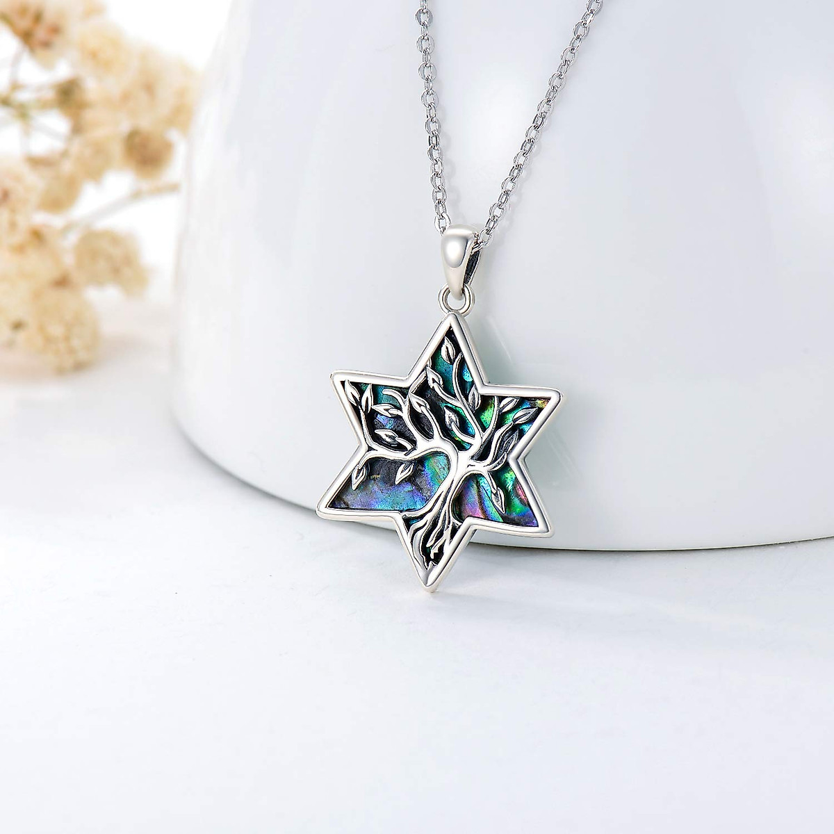 ONEFINITY Tree of Life Necklace 925 Sterling Silver Abalone Shell Star of David Pendant Necklace for Women Jewelry