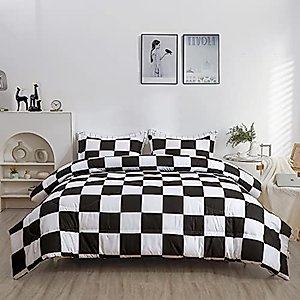 LUCKYBULL Comforter Set Twin Bedding Set Fluffy Black Plaid Down Alternative Comforter, Checkered Soft Textured Comforter with 1 Pillowcase All Seasons, Black and White 2 Piece