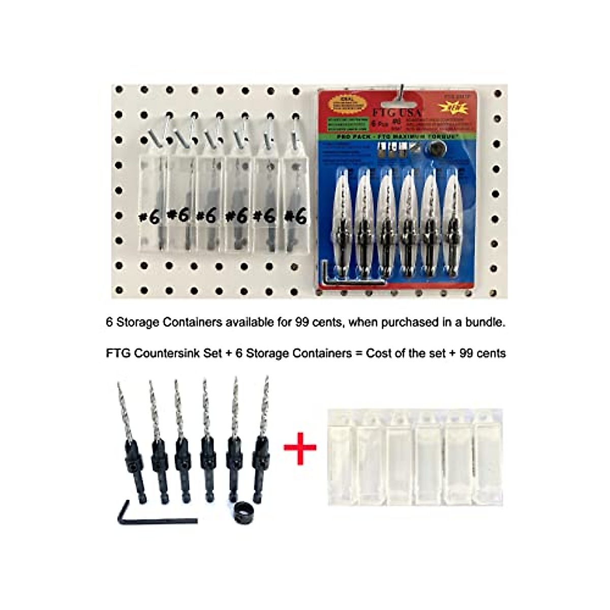 FTG USA Countersink Drill Bit Set 6 Pc #6 (9/64") Wood Countersink Drill Bit Pro Pack Countersink Set, Tapered Countersink Bit, 1 Stop Collar, Hex Wrench, Woodworking Countersink Drill Bits