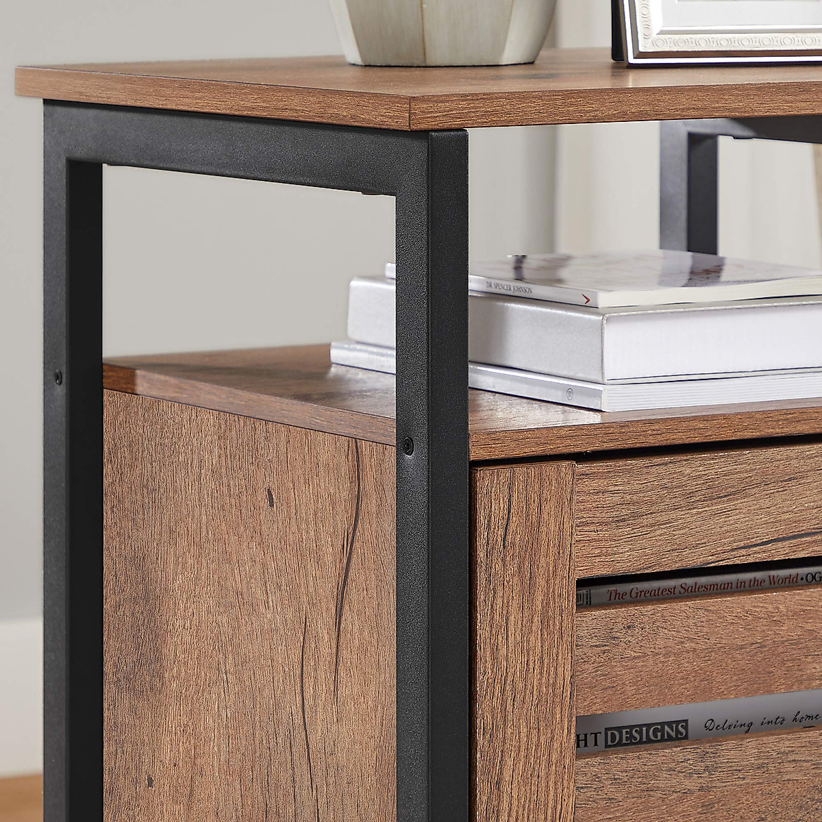 VASAGLE Nightstand, End Table with Open Shelf, Side Table, Inner Adjustable Shelf, Steel Frame, 15.7 x 15.7 x 23.6 Inches, Bedroom, Industrial, Hazelnut Brown and Black ULET062B03