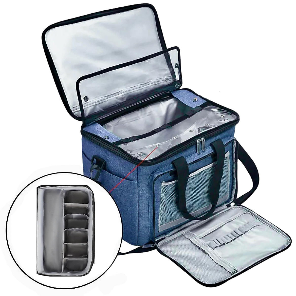 FINECE Knitting Bag, Crochet Organizer Bag with Cover and Inner Dividers, High Capacity Yarn Tote Organizer for Knitting Accessories, Needles, Yarn Skeins, Hooks, Unfinished Project (Blue)