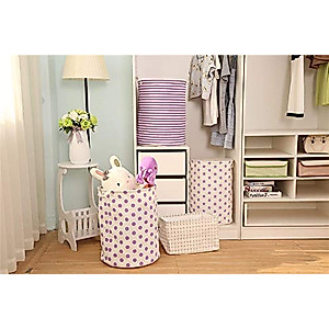 Sea Team 19.7-Inch Canvas Laundry Hamper and 16.5-Inch Canvas Storage Basket Bundle, Purple Stripe