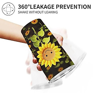FHENMSA Stainless Steel Insulated Travel Coffee Mug,Cute Sunflower Print Reusable Car Cup,Thermal Cup for Outdoor with Straw And Lid