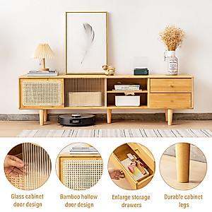 Tiita Rattan TV Stand for 55 60 Inch TV, Bamboo TV Cabinet with 2 Drawers, Boho Entertainment Center with Adjustable Shelf, Mid Century Modern Media Console for Bedroom, Living Room, Study