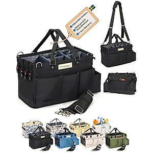 FifthStart Multiuse Cleaning Caddy with Waist & Shoulder Strap - Professional 9 Pockets Tote Bag for Housekeeping Diaper Gardening Fishing Beach Bathroom Organizer Adjustable Compartments, Black Large
