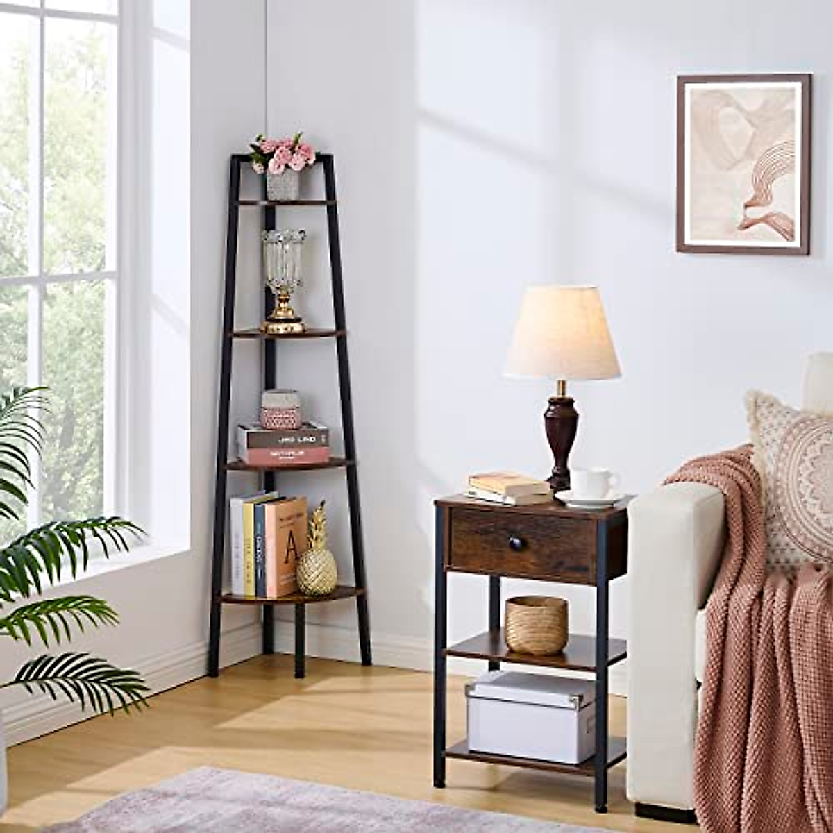 Hoctieon Corner Shelf, 4-Tier Corner Bookshelf, Rustic Corner Ladder Shelf, Industrial Display Shelf for Living Room, Kitchen, Home Office, Balcony, Small Space, Metal Frame, Rustic Brown