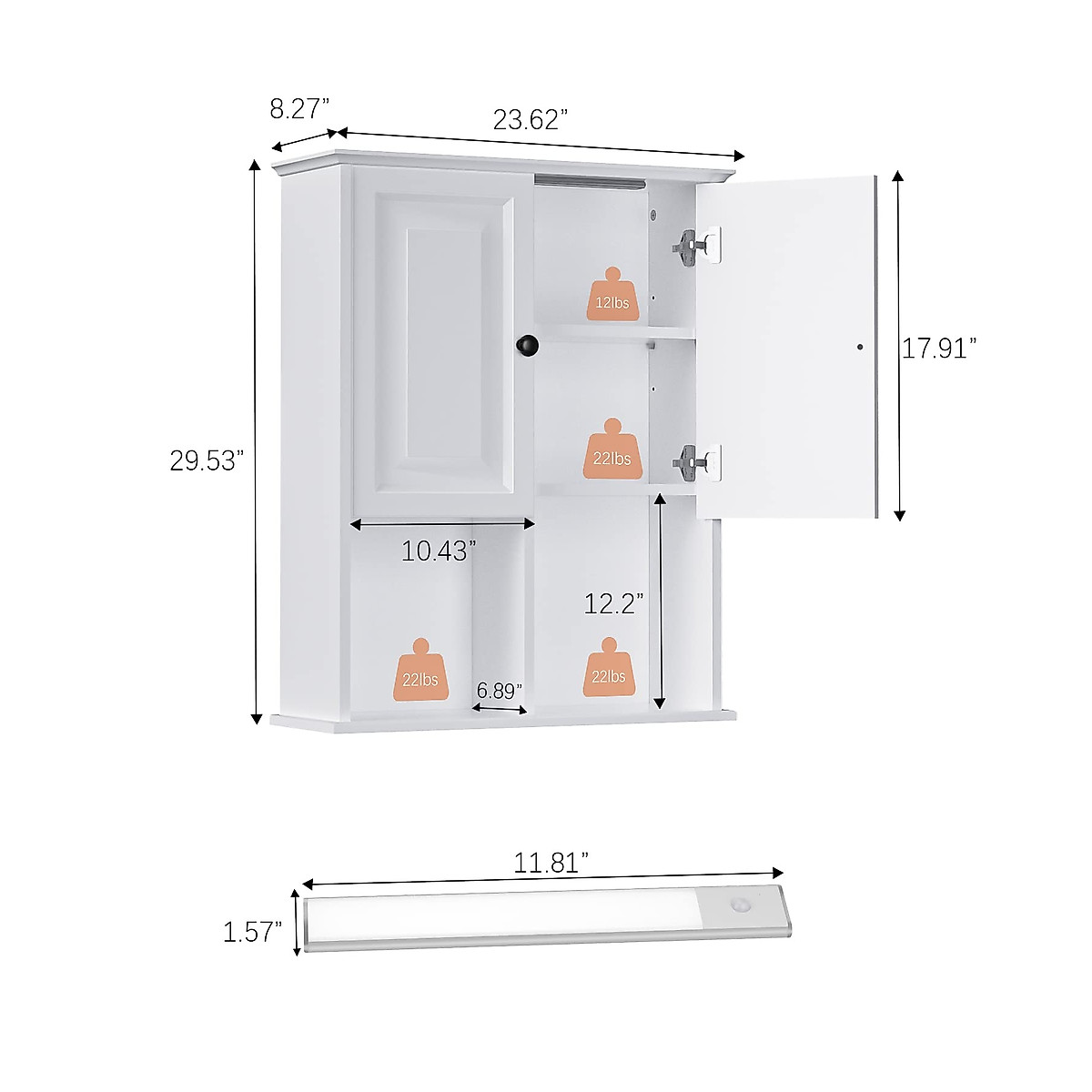 HAIOOU Bathroom Wall Cabinet with Motion Sensor LED Light, Wooden Medicine Cabinet Wall Mounted Cupboard, Over Toilet Storage Cabinet with Buffering Hinges and Adjustable Shelf - Modern White