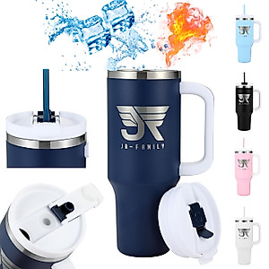 JR-FAMILY 40oz Spill Proof Tumbler with Lid Straw and Handle, Stainless Steel Insulated Travel Coffee Mug, Cup Holder Friendly, Easy Clean, Gifts for Women Men - Navy Blue