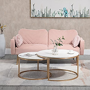 GNIXUU Small Couches for Living Room 65 inch, Mid Century Modern Velvet Love Seats Sofa Convertible Futon Bed with 2 Bolster Pillows, Loveseat Armrest for Bedroom, Apartment, Office, Pink