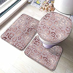 AOYEGO Rose Gold Leopard Skin 3 Pieces Bathroom Rugs Set Elegant Jaguar Spots Texture with Foil Effect Non Slip 23.6X15.7 Inch Soft Absorbent Polyester for Tub Shower Toilet
