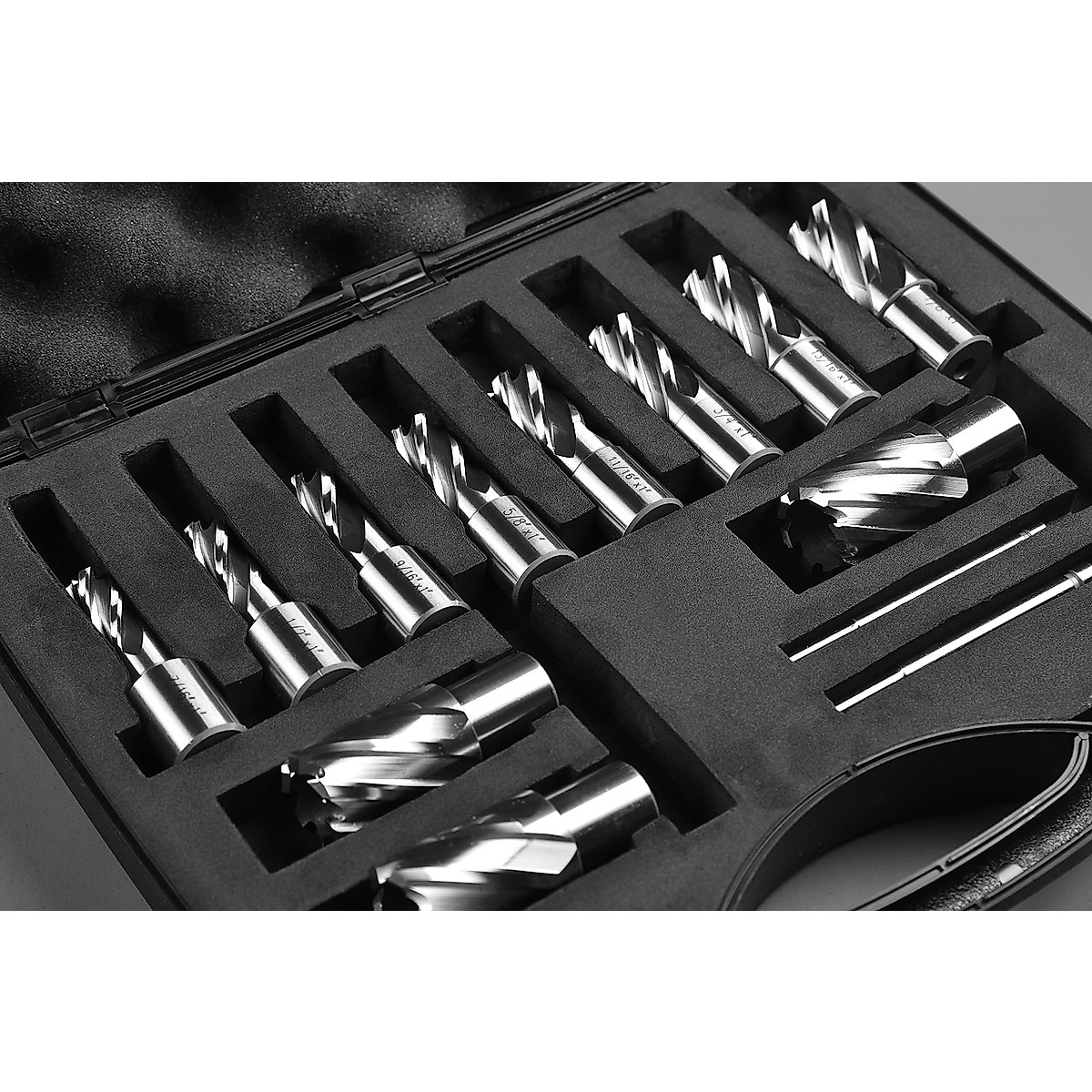 Annular Cutter Set 13 pcs JESTUOUS 3/4 Inch Weldon Shank 1 Cutting Depth and Cutting Diameter from 7/16 to 1-1/16 for Mag Drill Press HSS Standard Kit Two Flat with 2 Pilot Pins