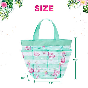 WAWSAM Flamingo Shower Bag for Dorm Room - 9” x 9” x 9.5” Mesh Shower Caddy for Women Students Portable Toiletry Bag with 8 Pocket Large Capacity Shower Tote for Gym College Bathroom Beach