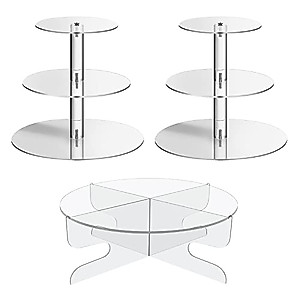 3 PCS Acrylic Cupcake Stand 2 Set of 3 Tier Clear Cupcake Stand Dessert Tower and 1 Tier Round Cake Stand Holder Bakery Display Serving Tray for Wedding Baby Shower Party Decor