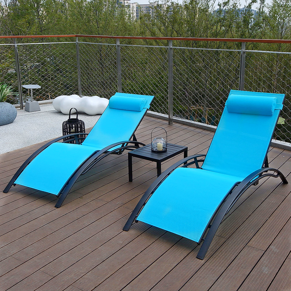 VARVIND Patio Chaise Lounge Chair Set of 3,Aluminum Outdoor Lounge Chair with Headrest,Sunbathing Lounger,Pool Tanning Chairs,Armrest Recliner Chiar with Side Table for Beach,Garden，Lawn(Blue)