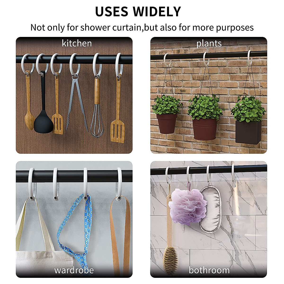 White Shower Curtain Hooks Rings, 12pcs Plastic Rust Proof Shower Curtain Hooks, Round Curtain O Rings Hook Hanger for Bathroom Shower Window Rod