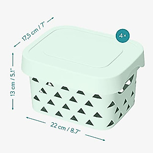 Navaris Plastic Storage Baskets with Lids (Set of 4) - 8.7" L x 6.9" W x 5.1" H - Stackable Basket Organizing Containers Bins with Lid - Mint Green