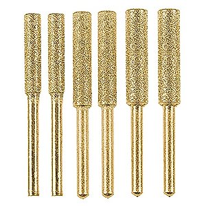Burr Grinding Stone File - 6Pcs 3mm 5/32" 3/16" 7/32" Shank Diamond Chainsaw Sharpener Rotary Bit Set Polishing Sharpening Garden Tool for Lawn Mower Chainsaw Parts Garden,120-150 Grit,Gold (Gold)