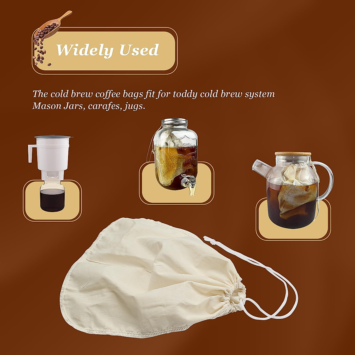 Reusable Cold Coffee Brew Filter Bag Compatible with Toddy Cold Brew System,Coffee Filter Bag Fit for Mason Jars,Pitchers,Carafes,Jugs,2-Pack Cotton Cold Brew Coffee Pouch with Drawstring 12" x 11"