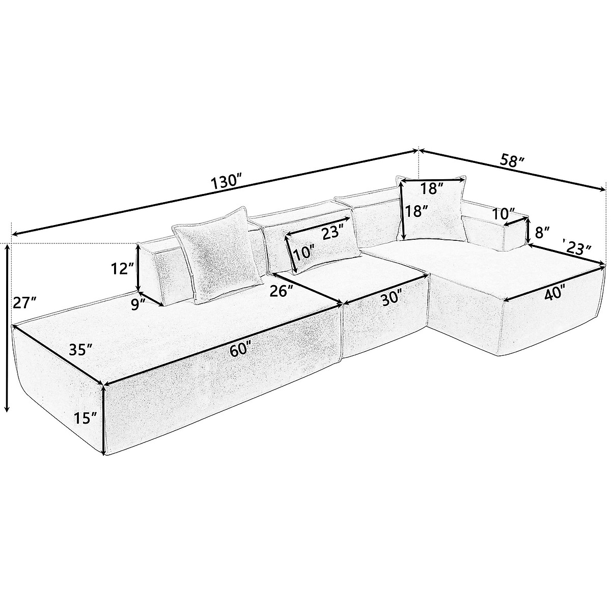 WILLIAMSPACE 129.5" Sectional Sofa Couch for Living Room with Chaise Lounge, Modular Free Combination Upholstered Floor Sofa L-Shaped 5 Seat Couch Foam Sofa for Home Office,Right-Facing (Green)
