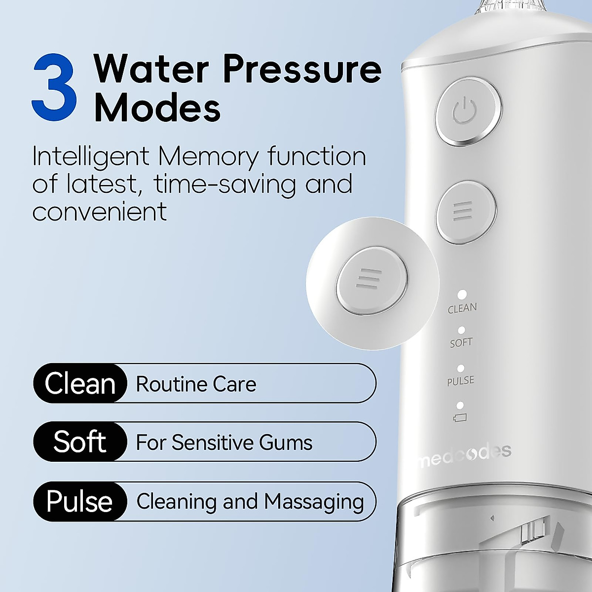Medcodes Water Dental Flosser Pick for Teeth - 3 Modes Cordless Oral Irrigator 300ML Portable with 5 Jet Tips, 40 Days Rechargeable IPX7 Waterproof Water Dental for Cleaning for Home Travel(White)