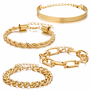 RINHOO Layered Bracelets 18k Gold Plated Bracelets For Women 4PCS Simple Multiple Chain Bracelets Set Dainty Assorted Link Bangle Bracelets Adjustable Punk Jewelry (4Pcs Gold Bracelet)