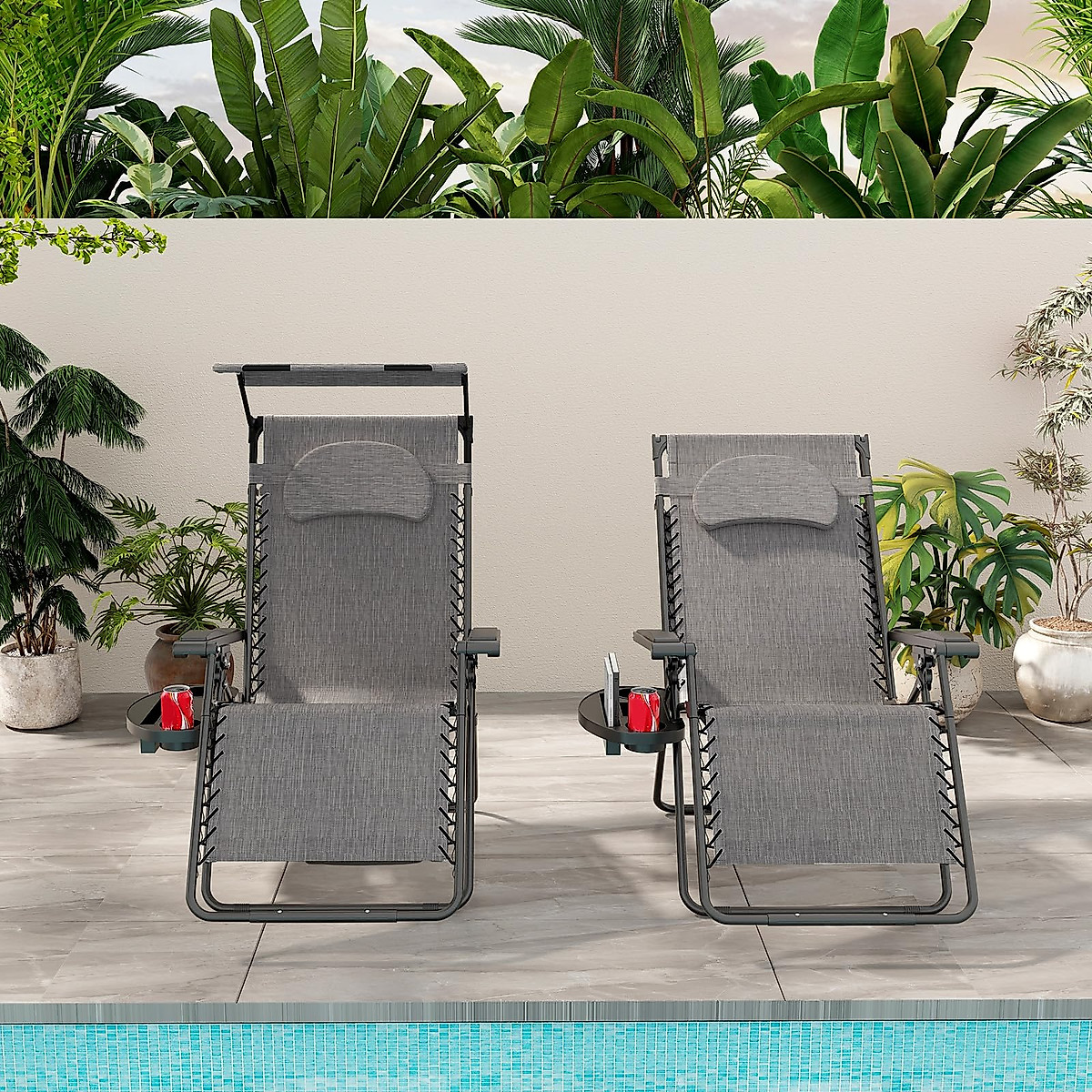 Goplus Zero Gravity Chairs, X-Large Folding Lounge Lawn Chair w/Canopy Shade & Cup Holder, Adjustable Folding Patio Recliner for Pool Porch Deck Oversize (Grey)