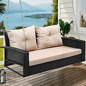 YITAHOME 2-Seats Wicker Hanging Porch Swing Chair Outdoor Black Rattan Patio Swing Lounge w/ 2 Back Cushions Capacity 530lbs for Garden, Balcony, Living Room, Beige