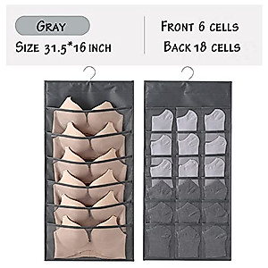 Large Bra holder Organizer Hanging Bra Storage Bra Hanger Especially suitable for sports bra, training bra, socks, baby clothes, shoe,bedroom storage,school dormitory storage(Gray, 1PCS 6+18 Grids)