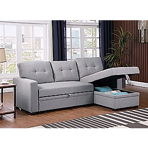 LOVMOR 82 inch Convertible L Shaped Sleeper Sectional Sofa Linen with Storage Chaise, Pull Out Bed,Reversible Corner Couch Design, Light Grey-1