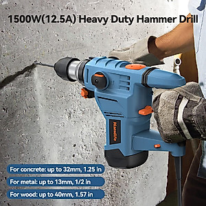 y Duty Rotary Hammer Drill 12.5 Amp, 1-1/4'' SDS-Plus, 3 Functions with Vibration Damping Technology, Safety Clutch, 6-Speed Regulation, Used for Concrete, Metal, and Stone (Blue)