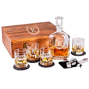 Froolu Personalized Whiskey Set in Wooden Gift Box - Includes Decanter, 4 Scotch Glasses, 4 Natural Slate Coasters, 8 Chilling Stones & Tongs - Great Mens Home Bar Gift for Him, Husband, Dad